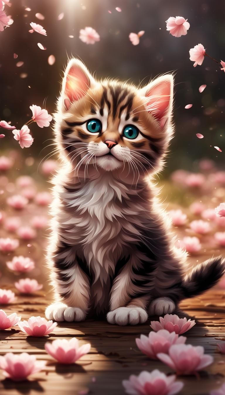 A hyper-realistic digital artwork of an adorable cute kitten sitting on ...