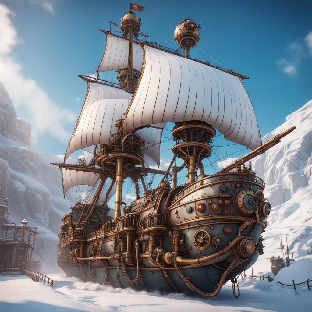 steampunk ship covered in snow bright colors detailed matte painting ...