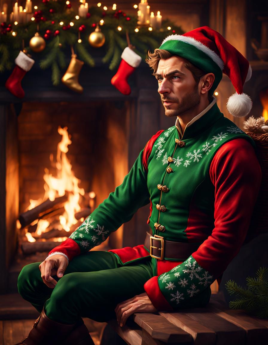 Detailed portrait of a Christmas elf posing near a fireplace - AI ...