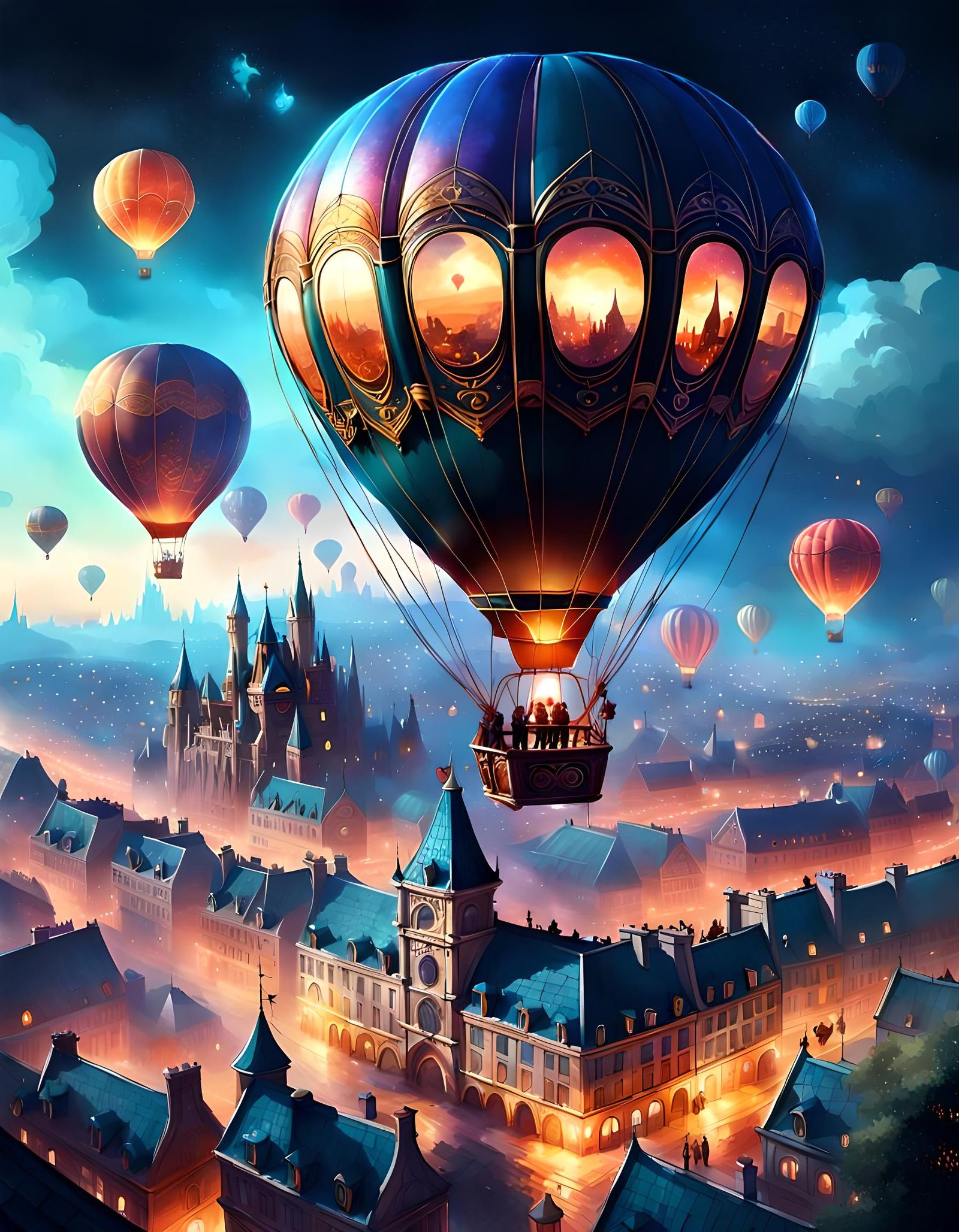 Enchanted Night: A Magical Hot Air Balloon Soars Over Illuminated ...