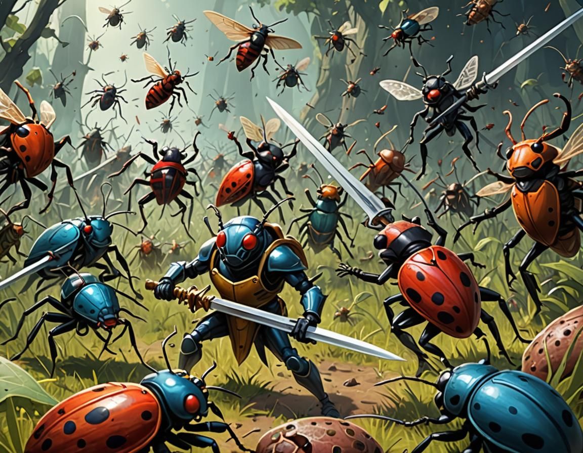 A bug world revolt, bugs charging at humans with swords, some bugs ...