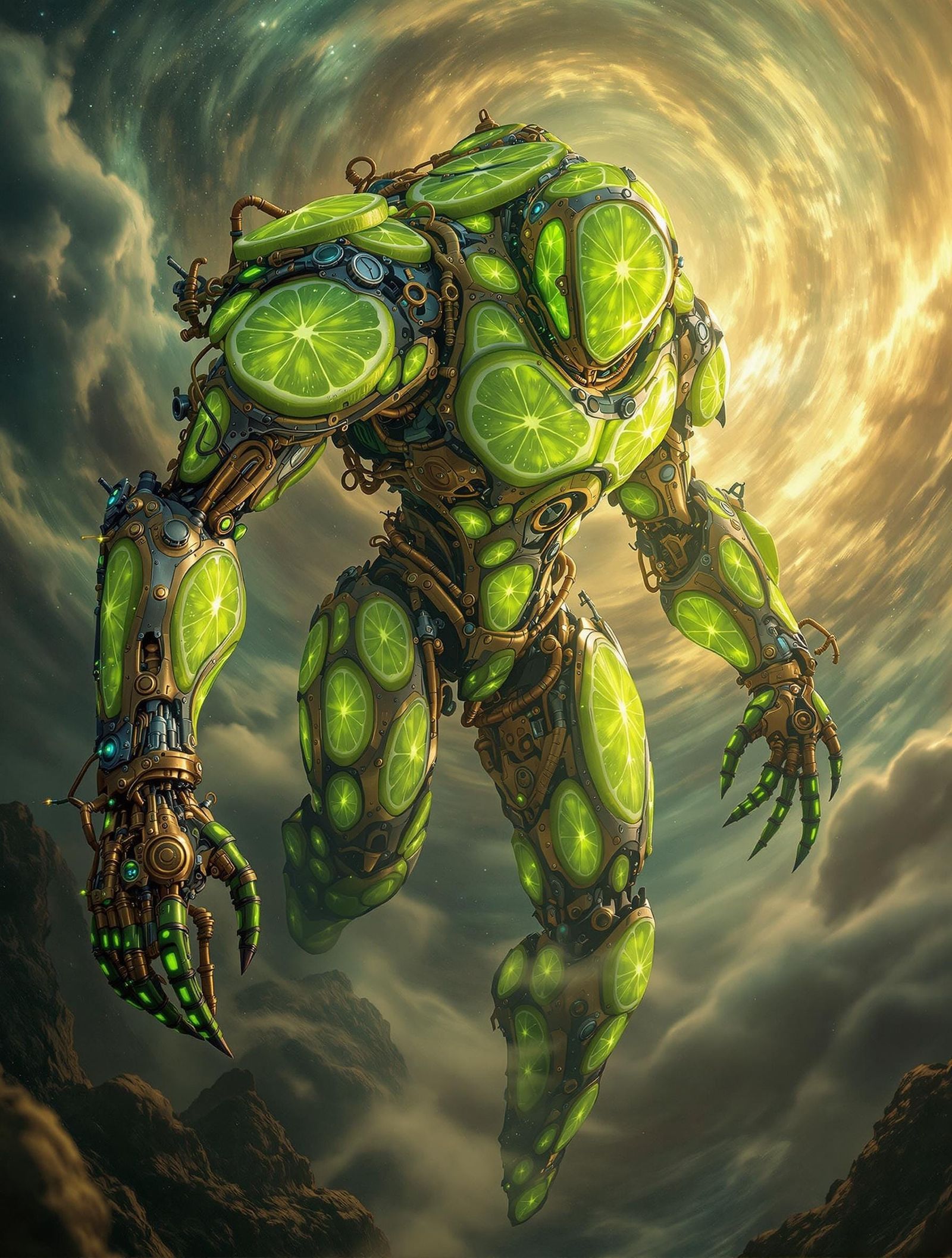 Steampunk Cyborg Emerges in Cosmic Vortex - AI Art