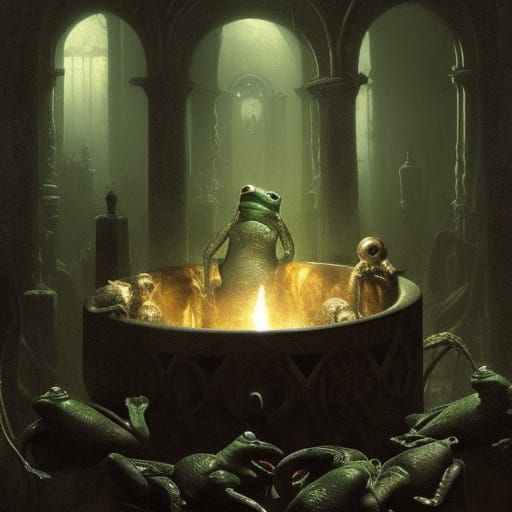 Frogs in boiling water pot inside cauldron steamy lots of steam frogs ...