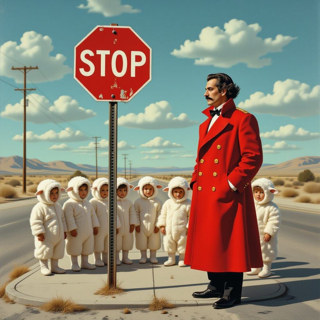 Man in Red Coat at Bus Stop: Surreal Scene - AI Art