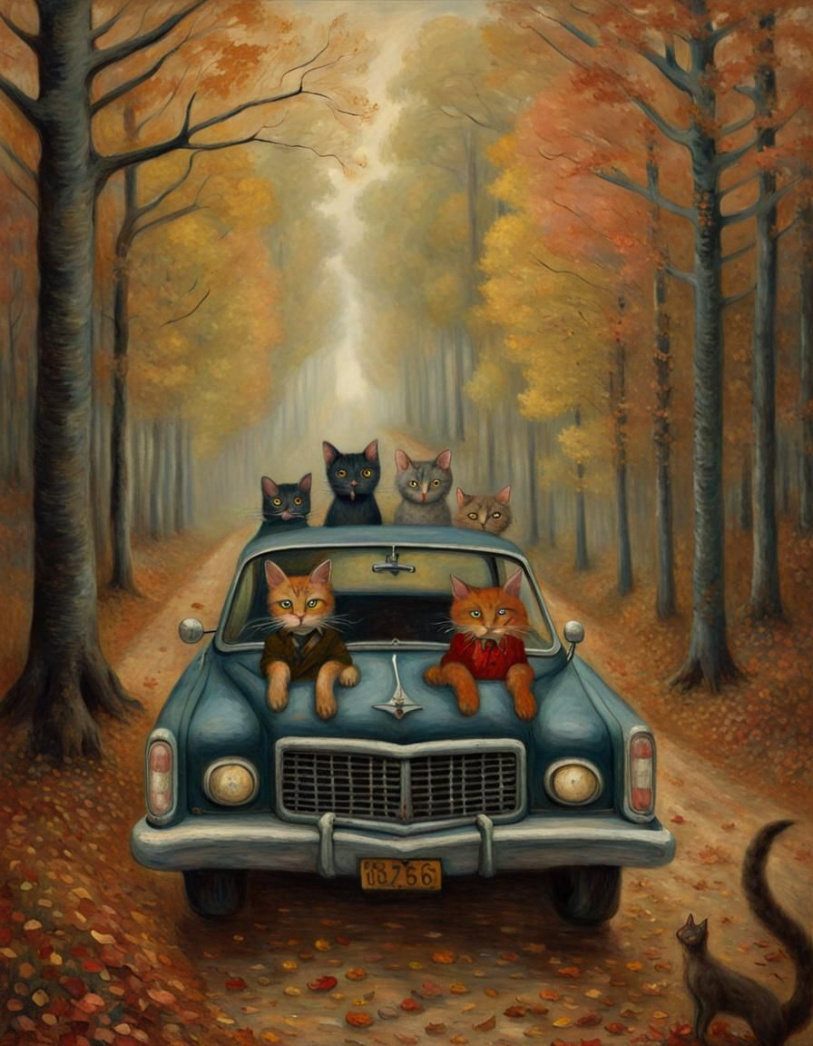 Cool Cats road trip through autumn woods, moody atmospheric soft dark ...