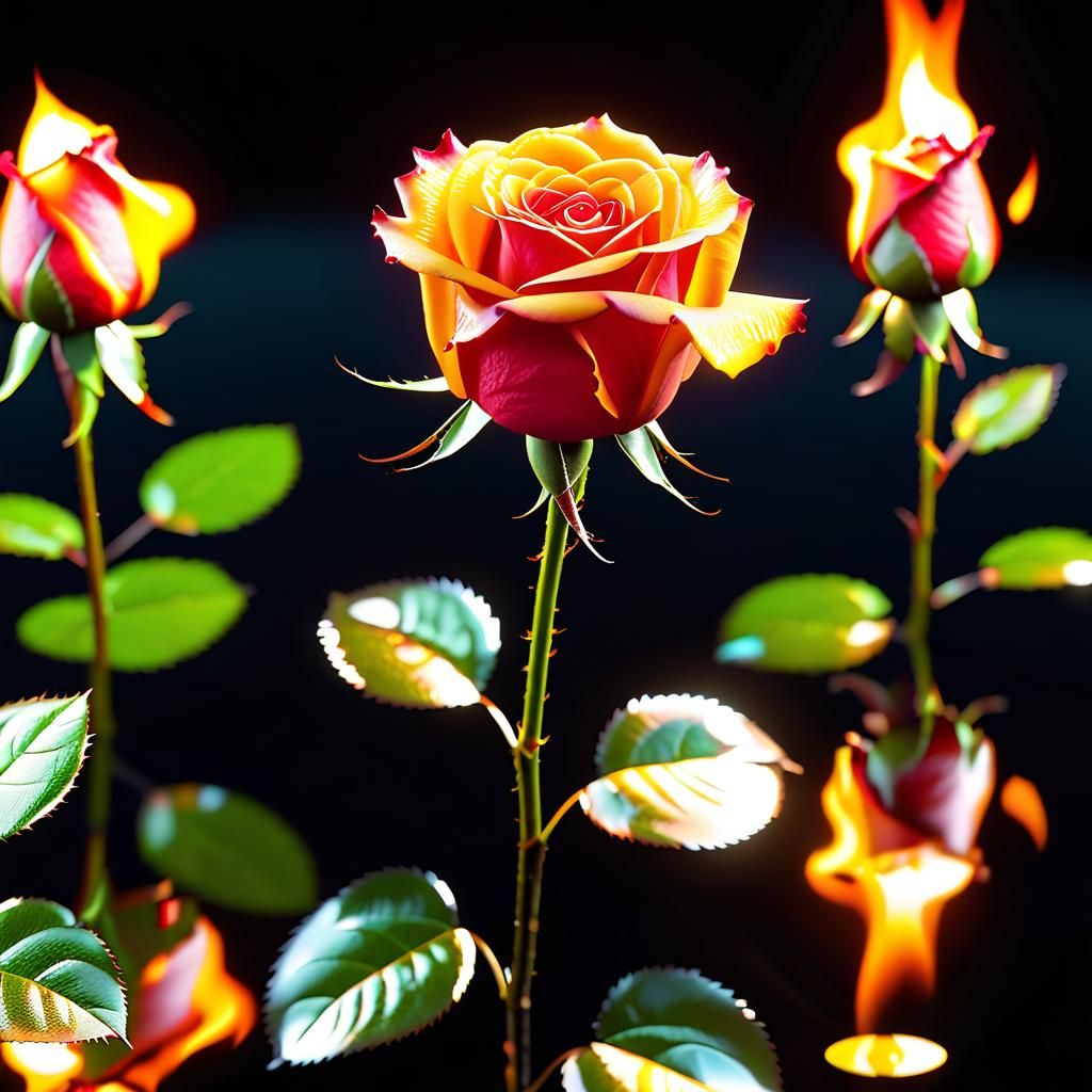 On Fire, a Rose made of flames, melting, on fire, fireflies, water ...