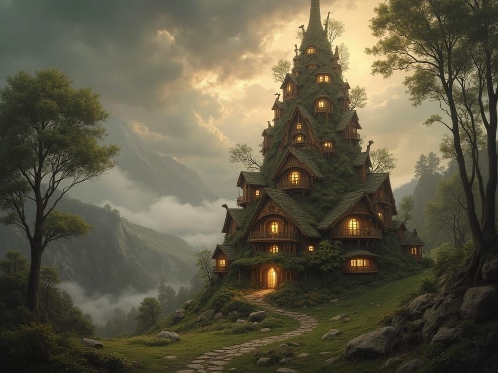 Misty Hobbit Tower - Ethereal Hobbit Tower in Neo-Expression...