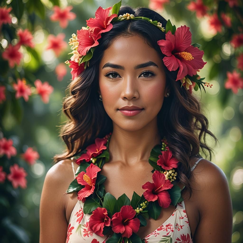 ultrarealistic beautiful portrait of Hawaiian woman with big Hawaiian Hibiscus floral lei around ...