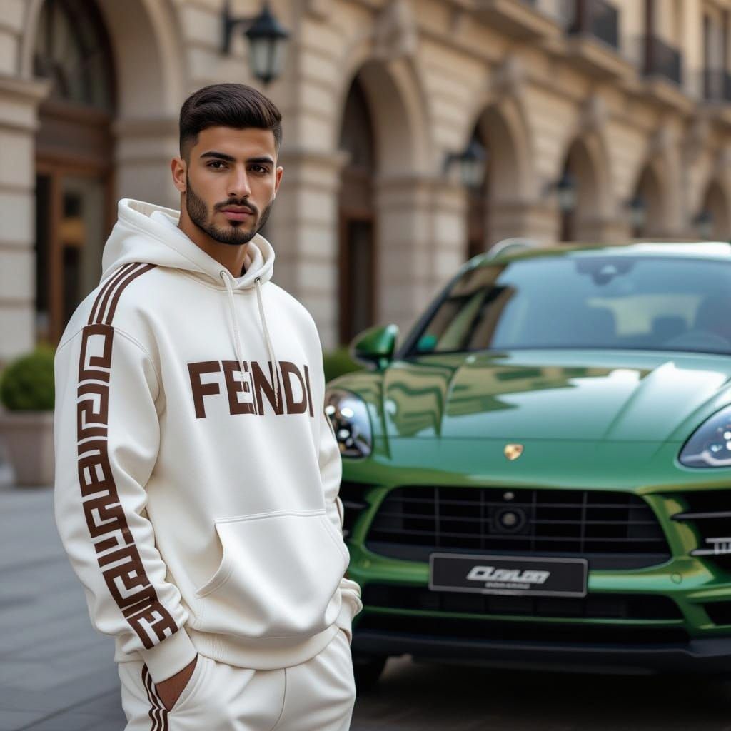 Arab Man in Fendi Tracksuit Posing with Green Pors... - AI Art