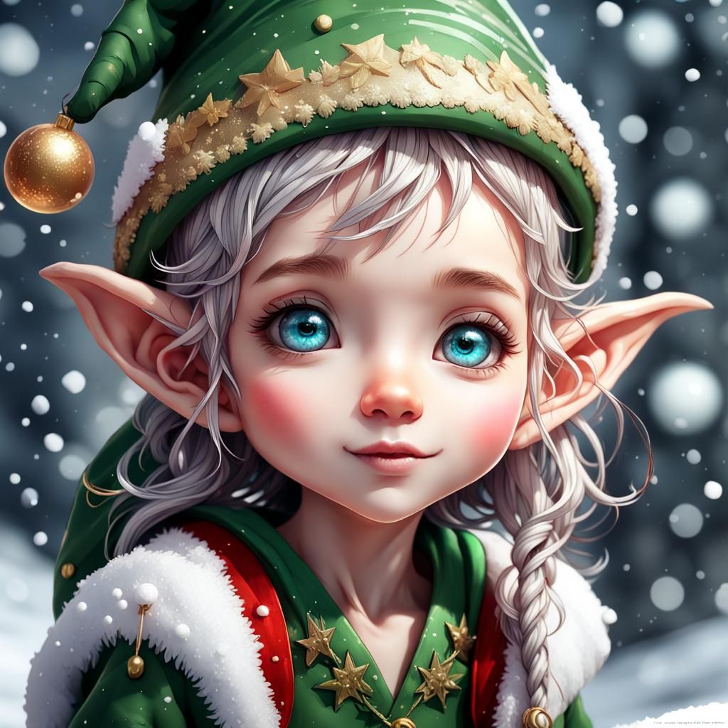 Cute adorable chibified Christmas elf, shiny detailed sharp prismatic ...