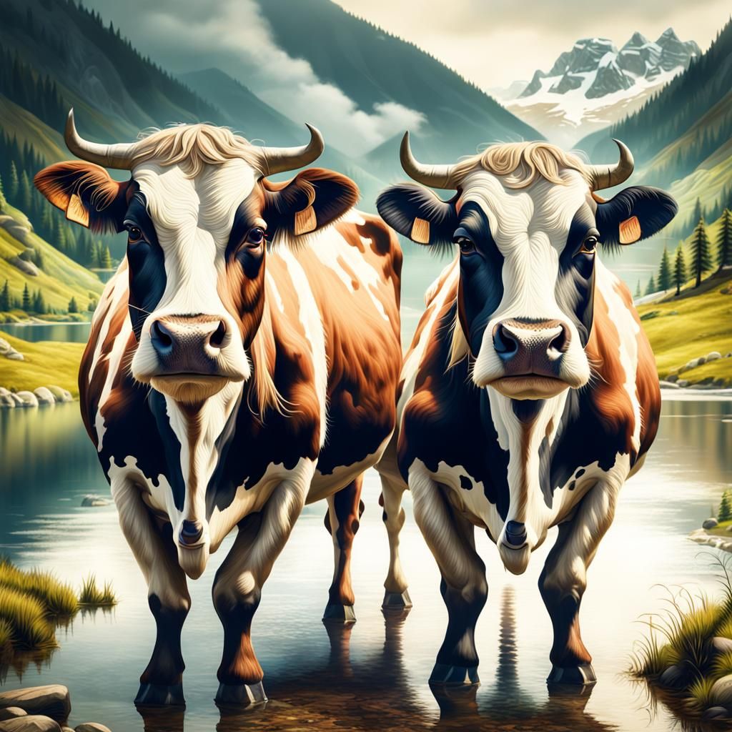 Two headed cows in a valley by a lake - AI Generated Artwork ...