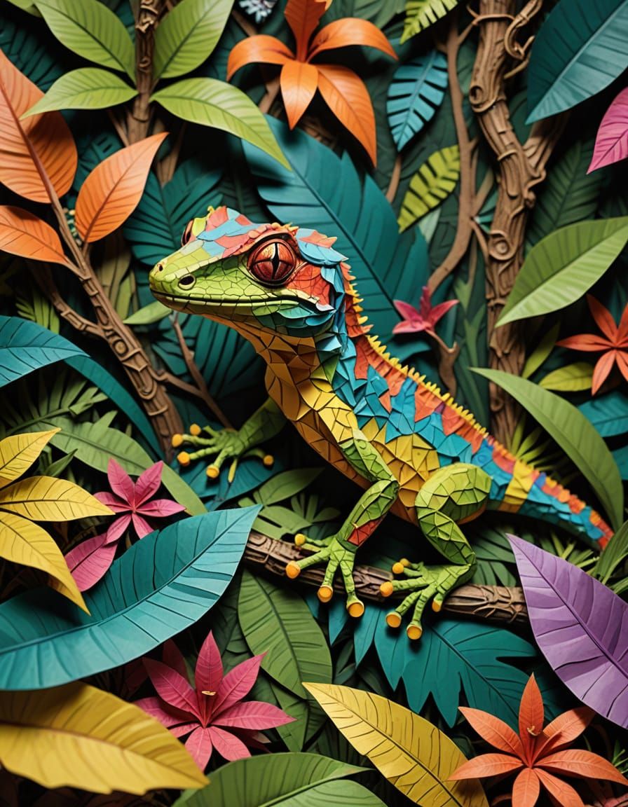 Ori-Gecko - Vibrant Jungle Gecko Collage in Hyperrealistic S...