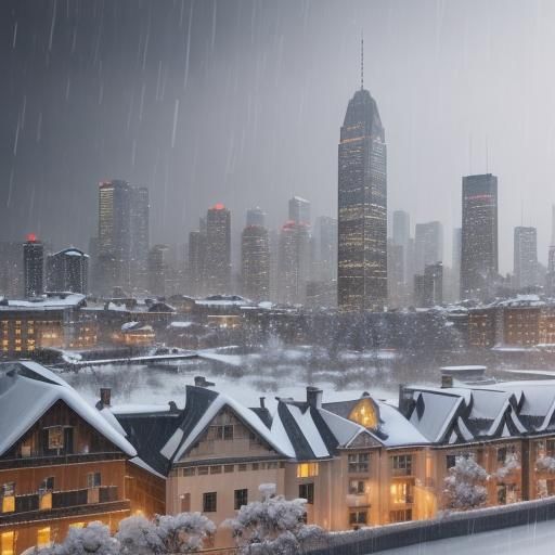 Snow falling over city skyline - AI Generated Artwork - NightCafe Creator