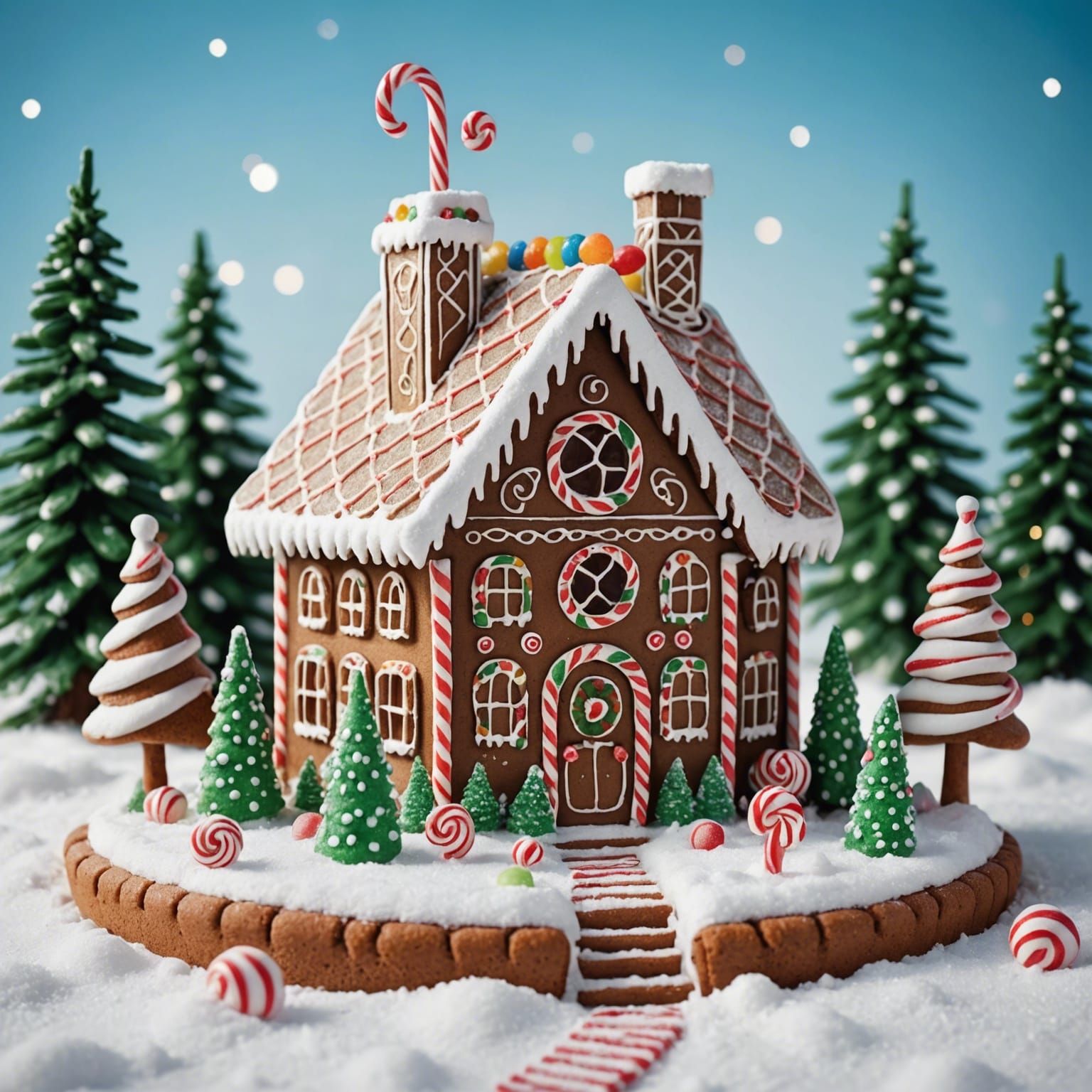 A fantastically detailed gingerbread house in a snowy winter wonderland ...