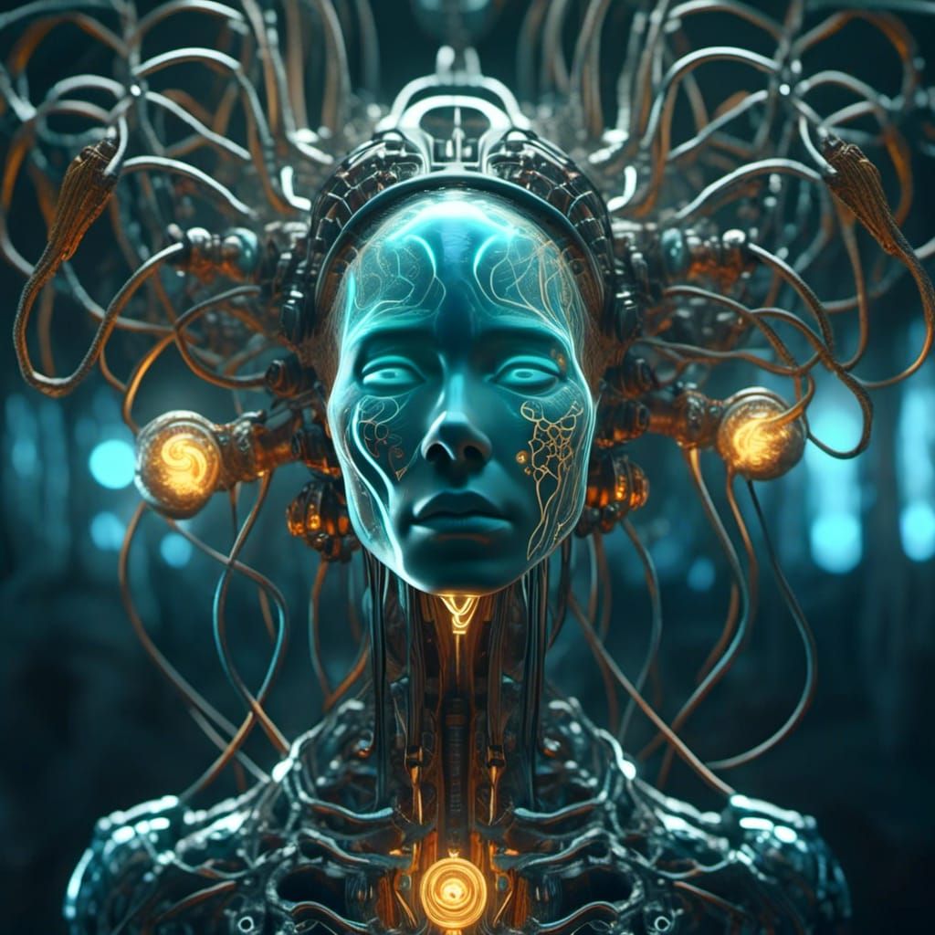 A bioluminescent human essence rises ethereally from a lifeless android ...