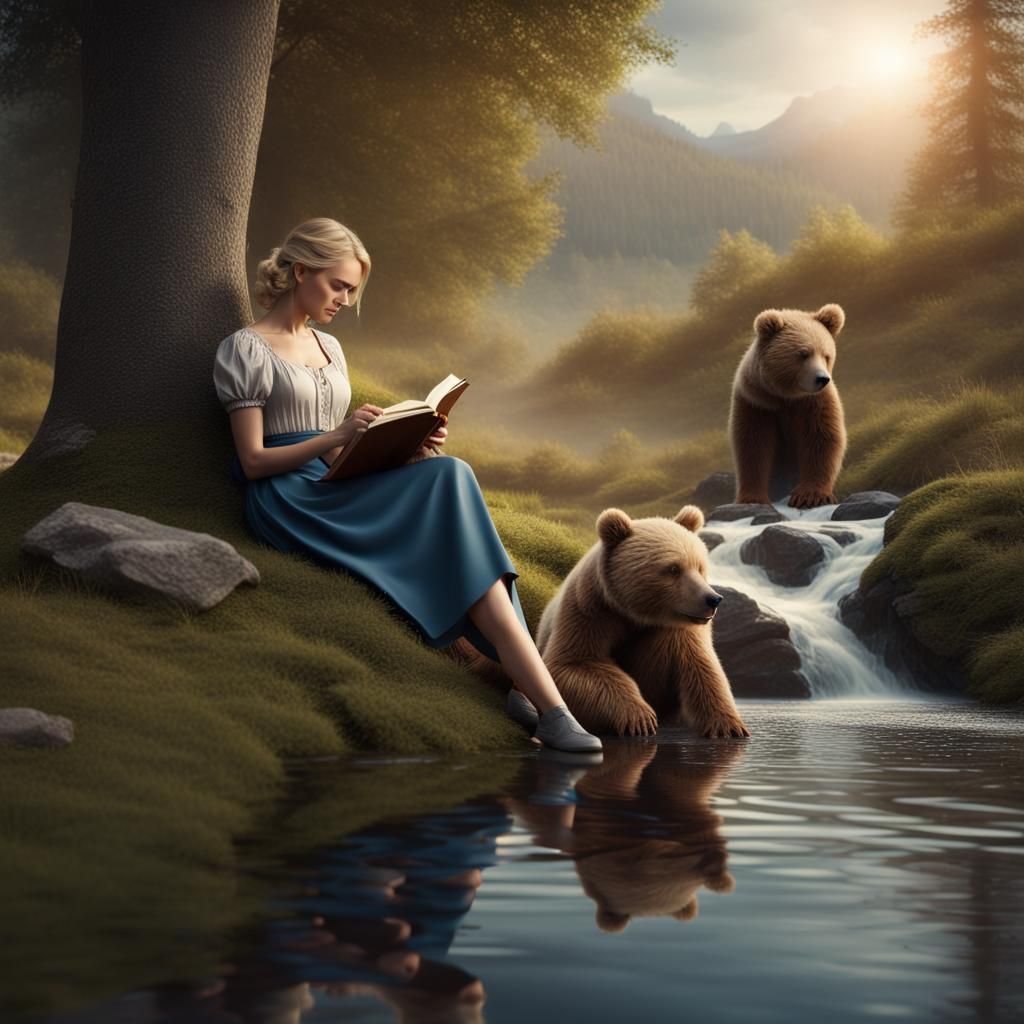 beautiful woman reading a book by a stream with a bear laying down - AI ...