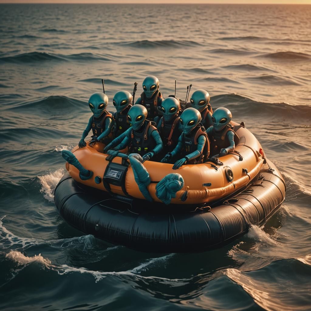 aliens are sitting inside an inflatable life boat. Floating on the ...