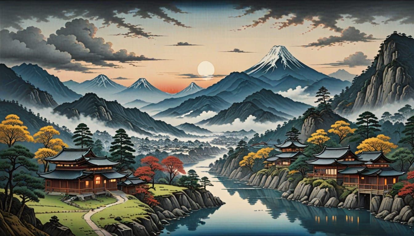 Ethereal Japanese Mountain Landscape in Hyperreali... - AI Art