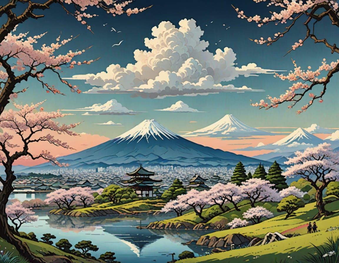 Renaissance Landscape with Ukiyo-e Sky