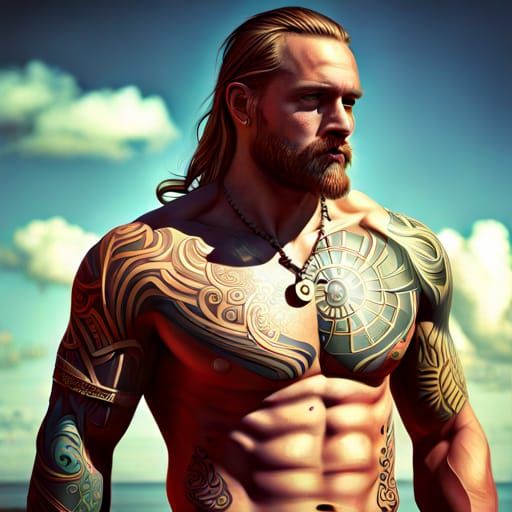 The hunky buff tattooed hipster viking man photorealistic intricately ...