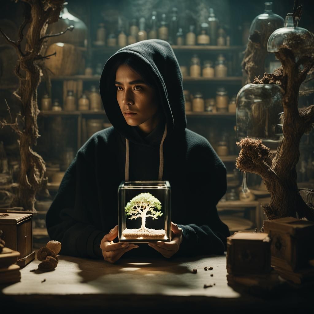 In an alchemist's laboratory, a Mexican woman wearing a black hoodie ...