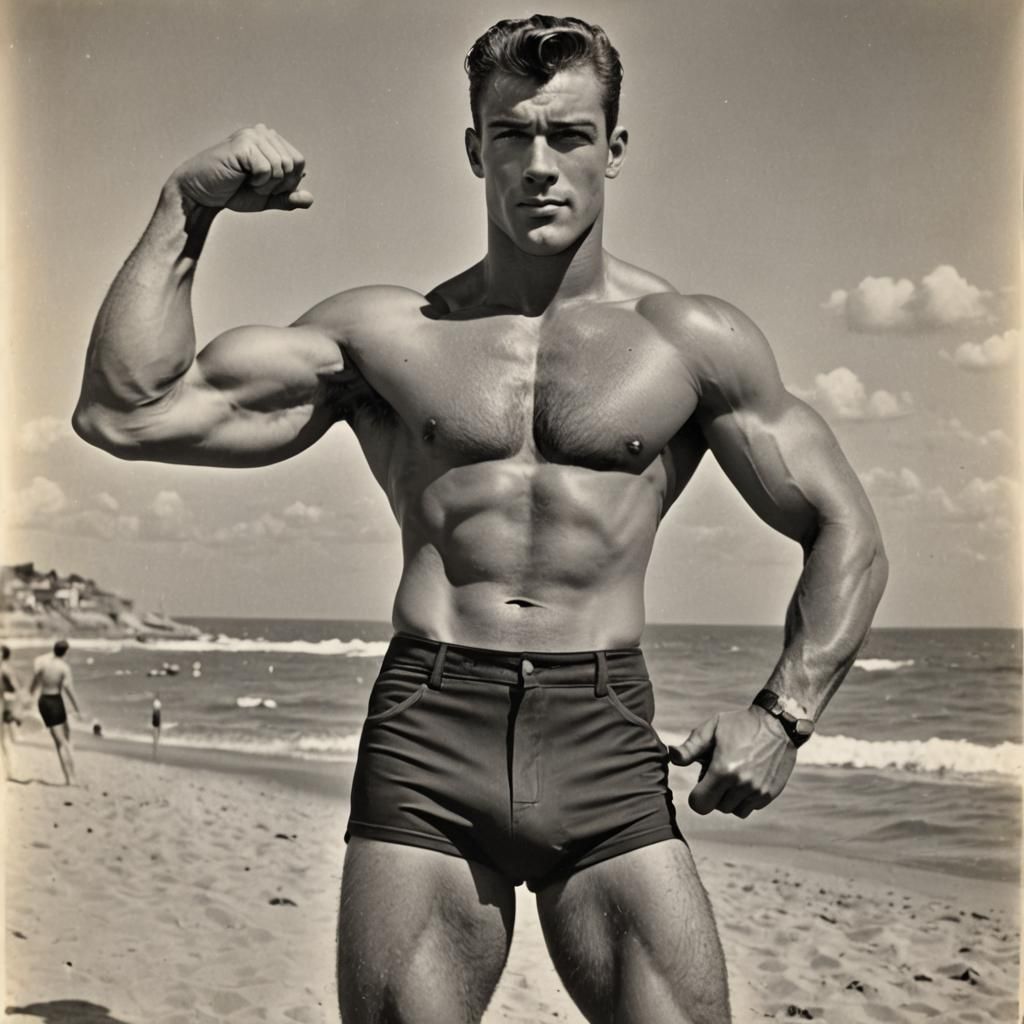 1959 beefcake photo of a man on the beach. - AI Generated Artwork ...