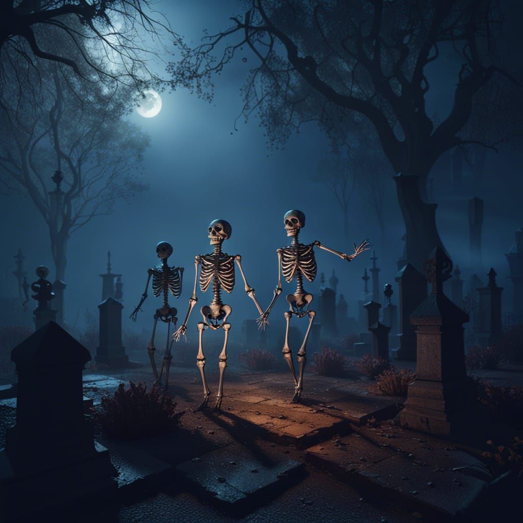 Skeletons dancing in a misty graveyard,4k,shadows, trees,moonlight - AI ...