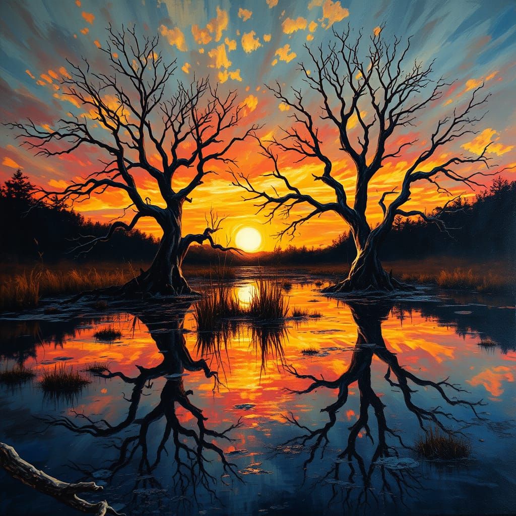 Surreal Sunset Swamp with Barren Oaks in Encaustic - AI Art