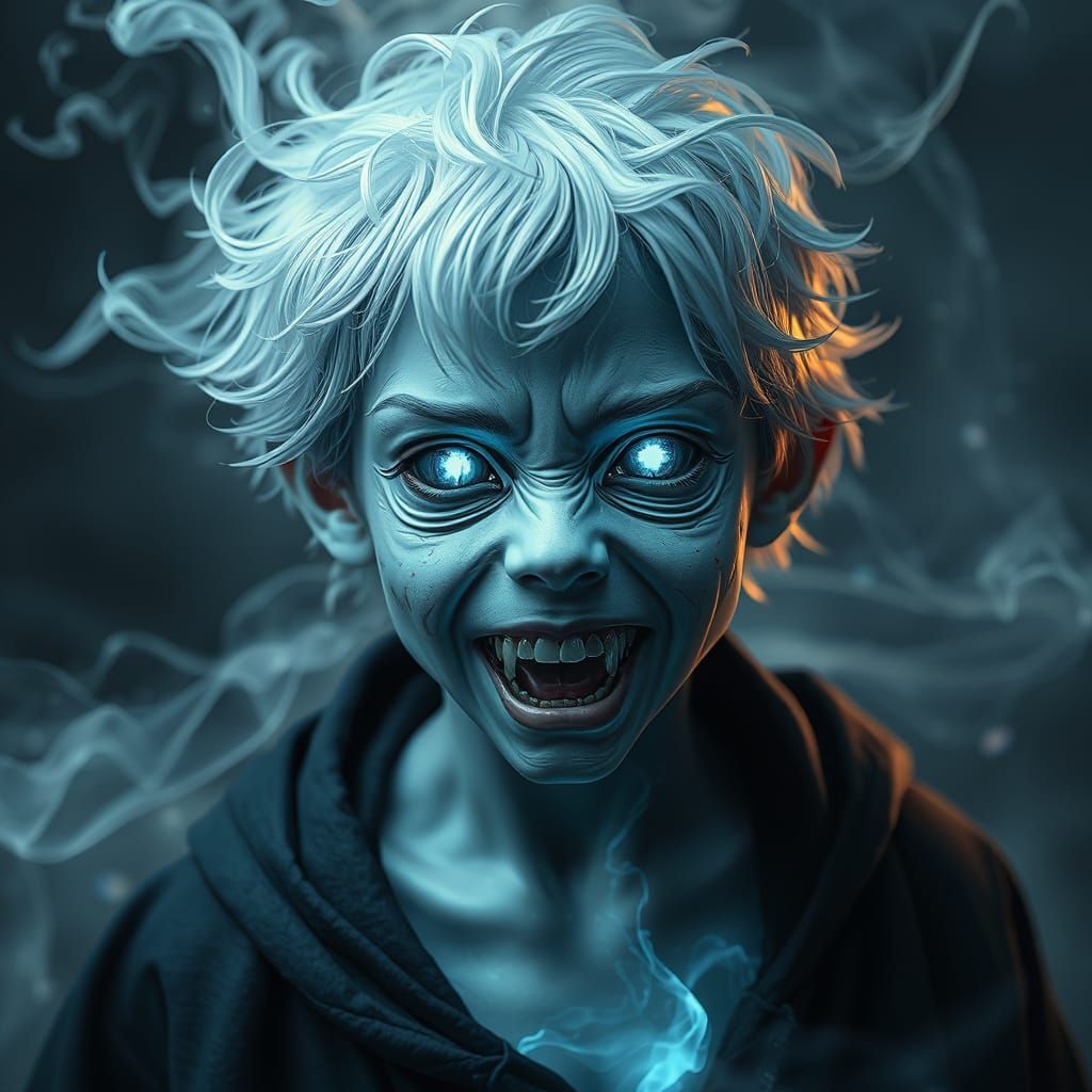 Spectral Elegy: Ethereal Boy in Smoky Haze with Gl... - AI Art