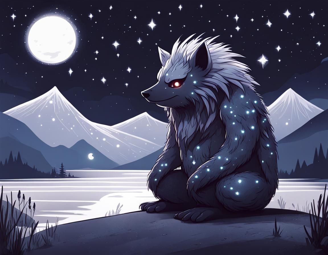 A friendly humanoid fluffy creature at night is guardian a village ...