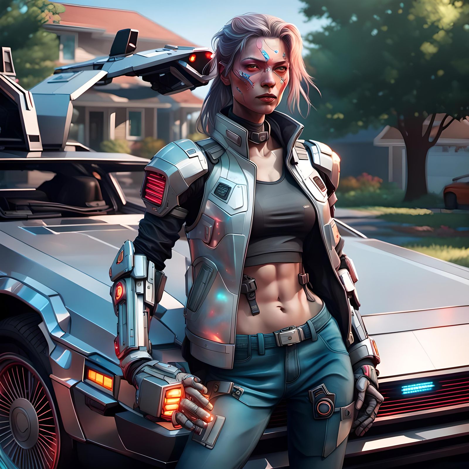 A female cyborg poses next to a DeLorean car in a suburban neighborhood ...