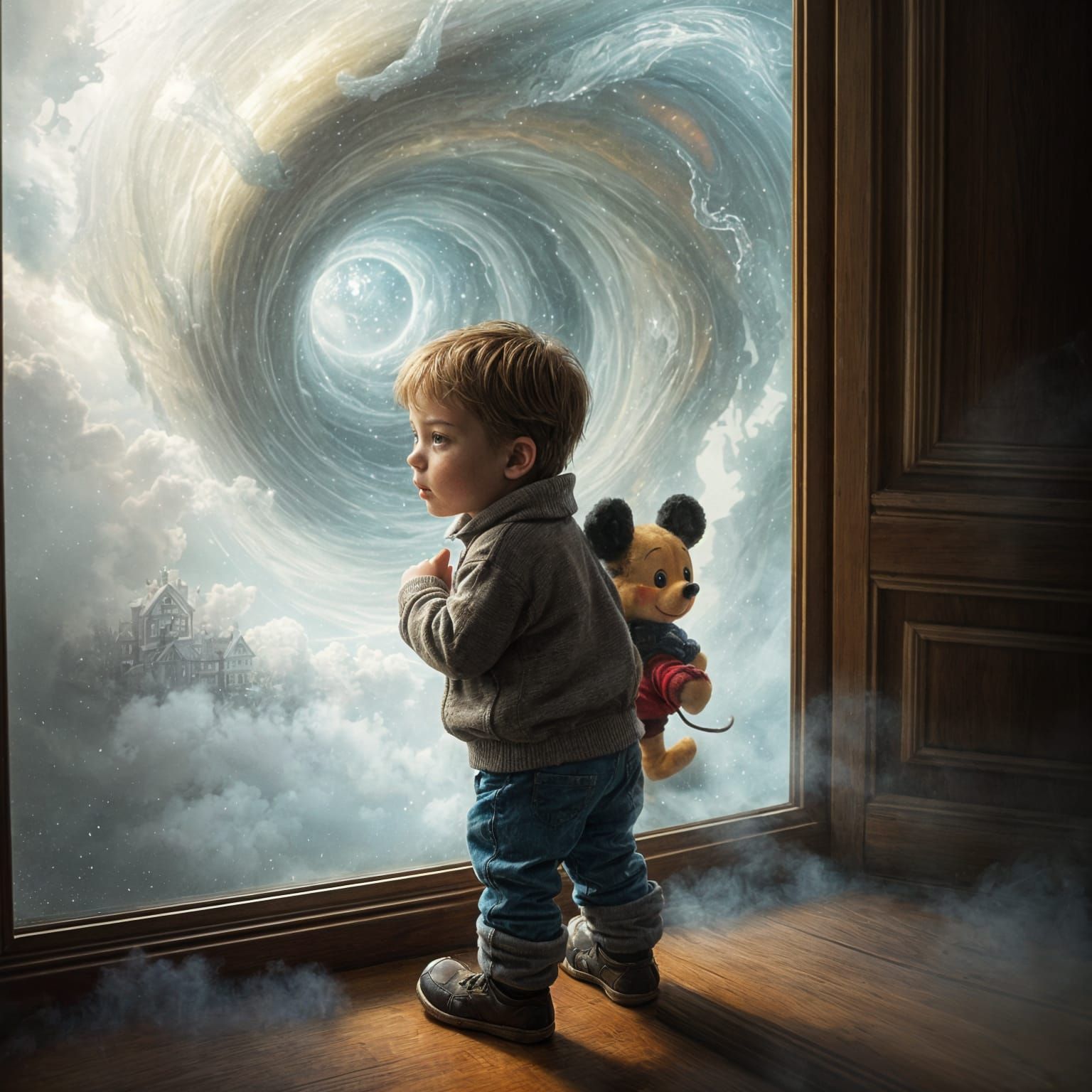 A child inside a house looking out the window to see a vortex that has ...