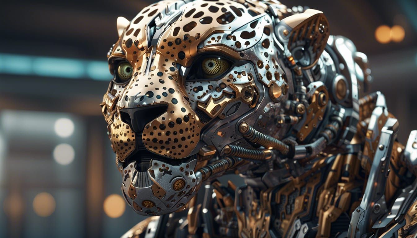 robot man with face painted like a leopard intricate mech details ...