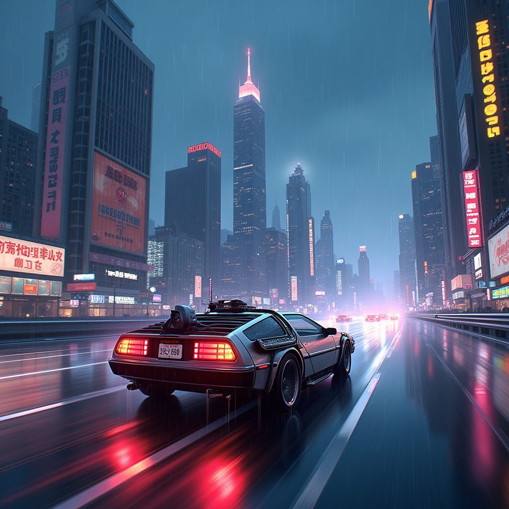 POSTER CIBER PUNK DELOREAN - Neon-Futuristic DeLorean Speeds...