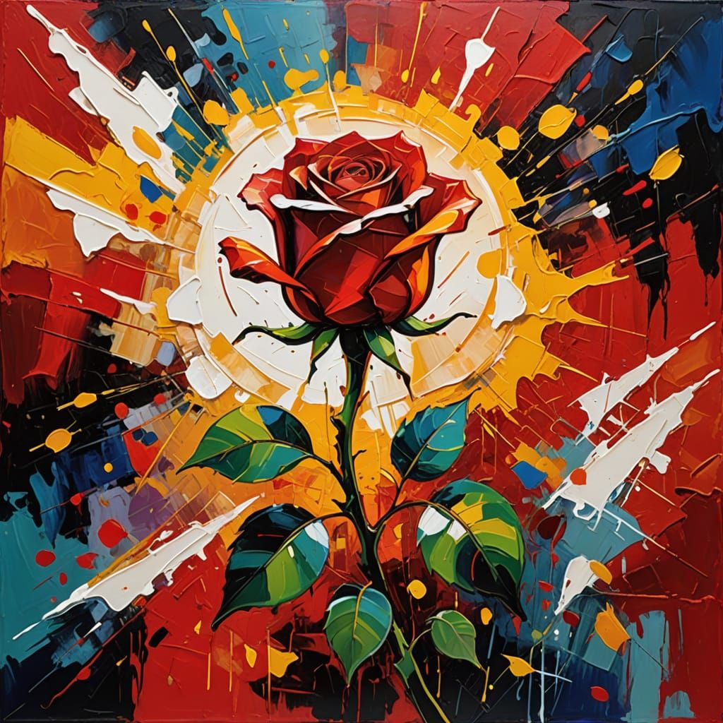 Cubist Red Rose Explodes in Golden Light with Geom... - AI Art