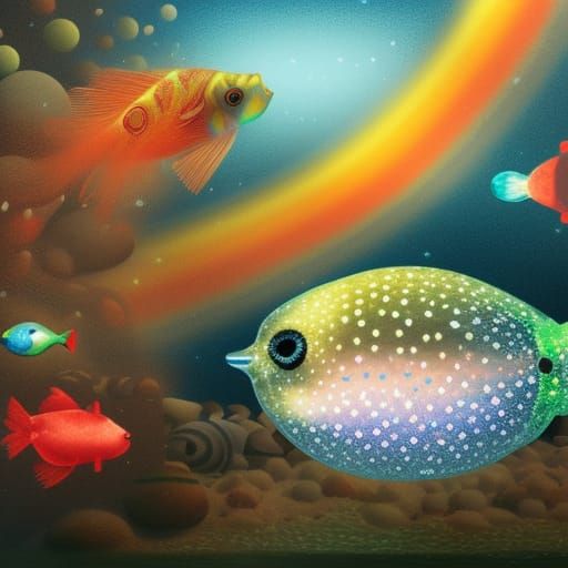 Light-emmitting Glass rainbow pufferfish in the ocean of the universe - AI Generated Artwork ...