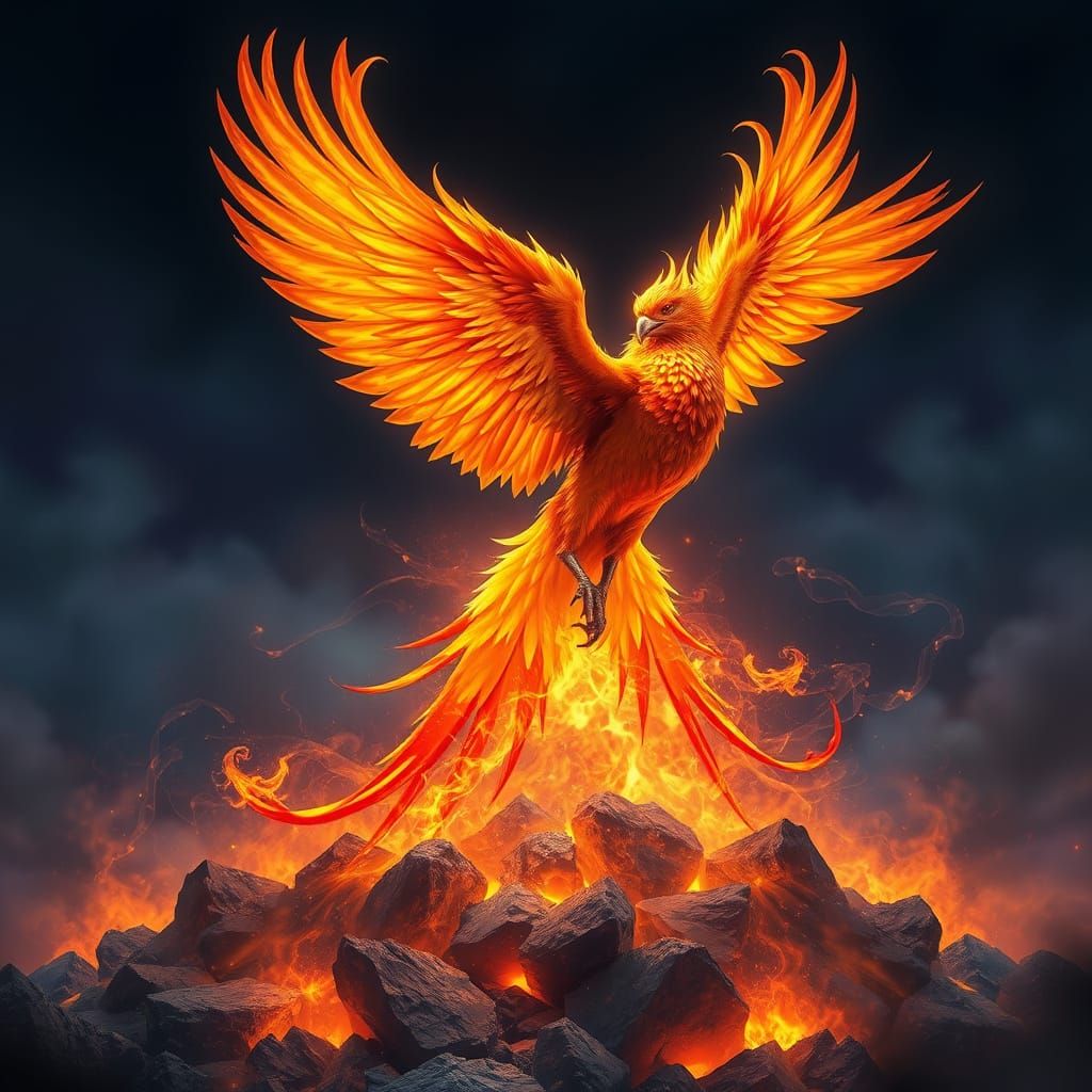 Ashes and reborn Phoenix bird - Majestic Phoenix Rises from...