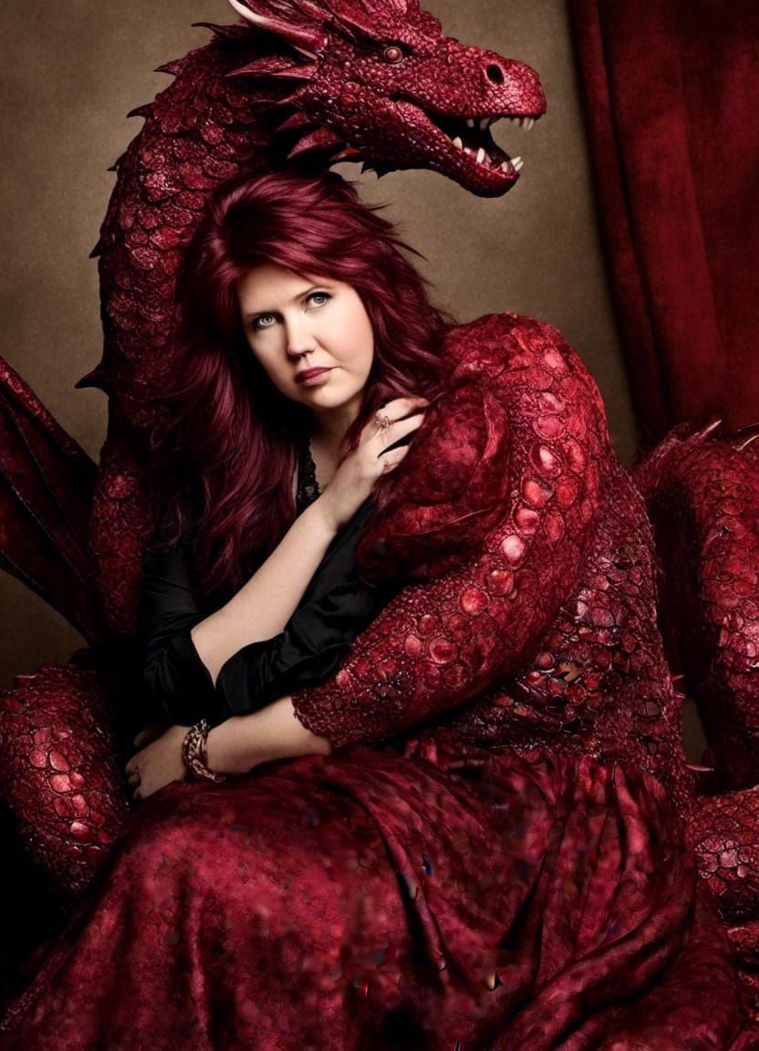 A woman with expressive flirty eyes; hugging a dragon, by Alexander ...