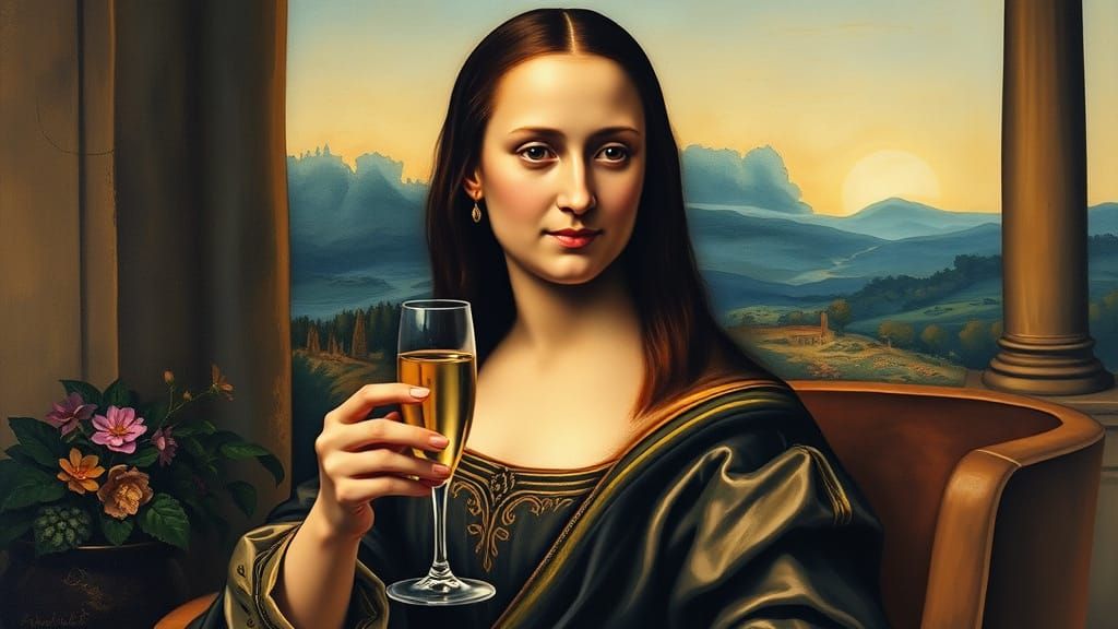 A highly realistic oil painting of the Mona Lisa sipping a glass of ...