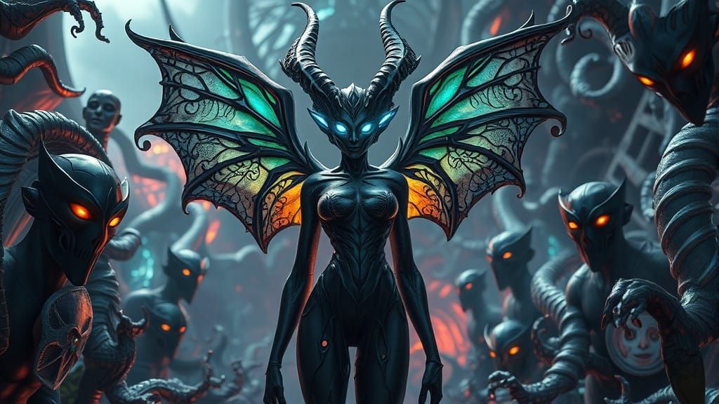 Surreal Garden Scene with Demoness and Grotesque F... - AI Art