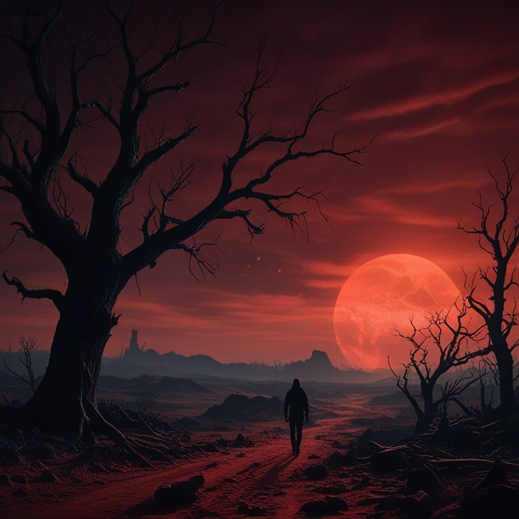 Bloodlands under blood moon - Dark Fantasy Wasteland under C...