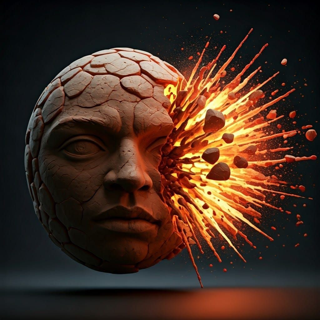 Vibrant Red Shrapnel Explodes from Clay Statue Gre... - AI Art