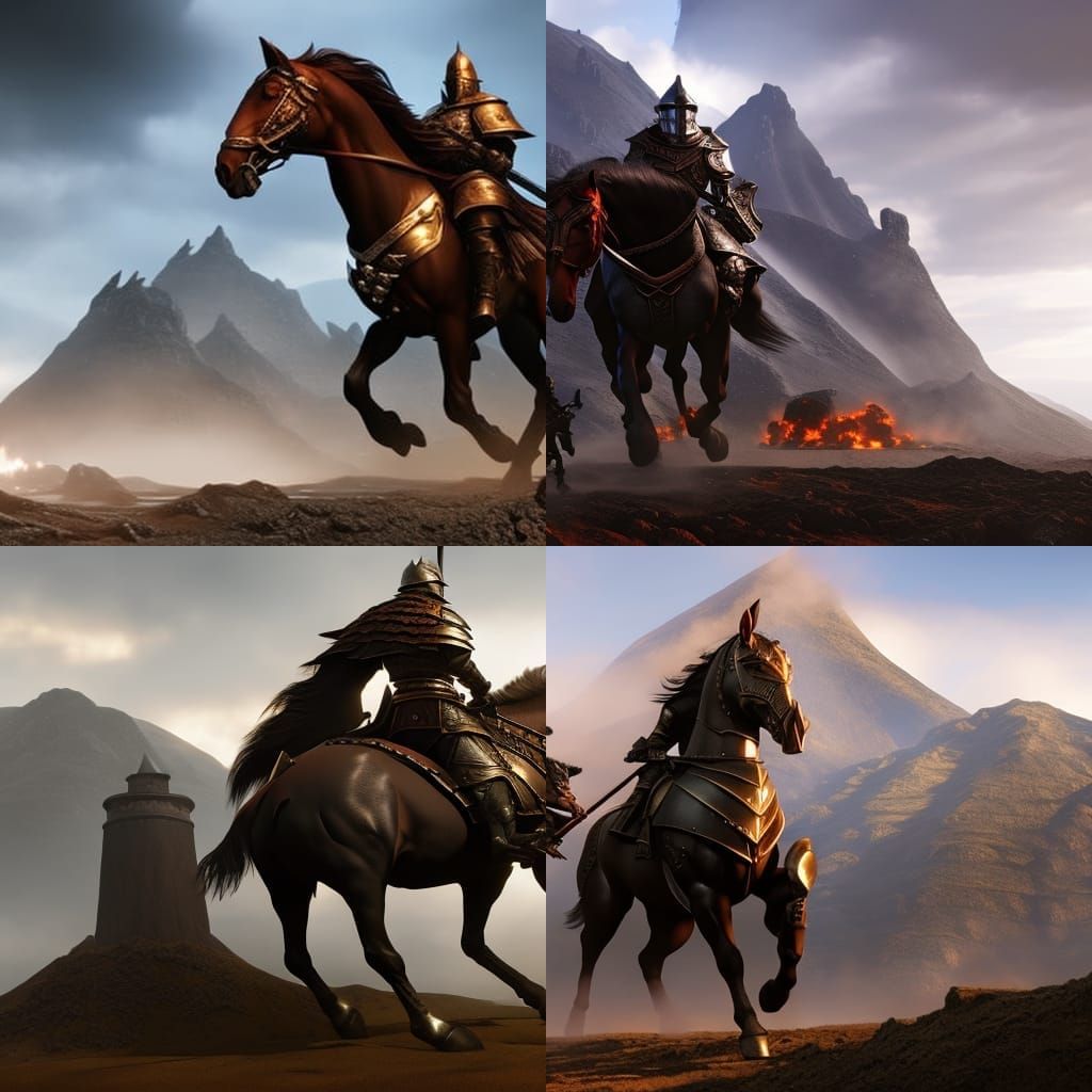 Armored knight riding a black war horse, castle beneath a volcano ...