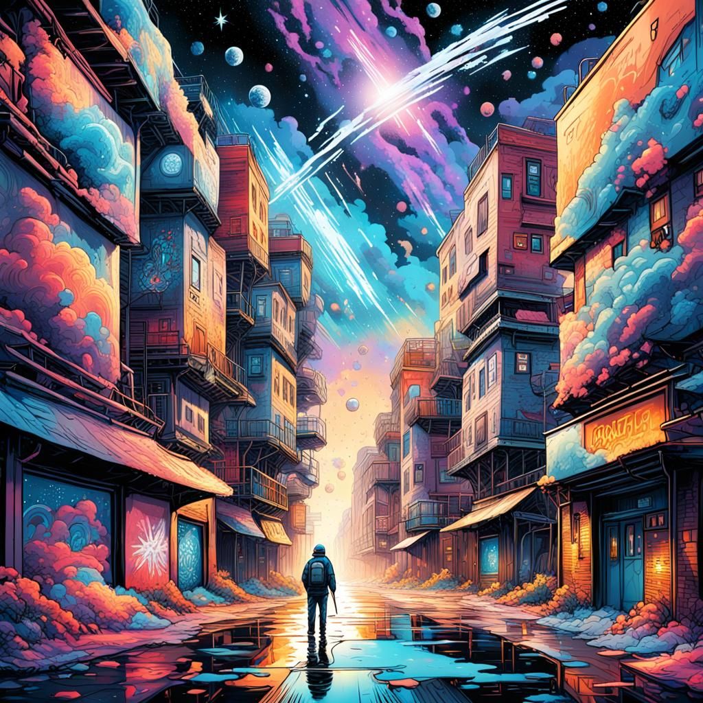 Galaxy full of stars, graffiti art, splash art, street art, spray paint ...