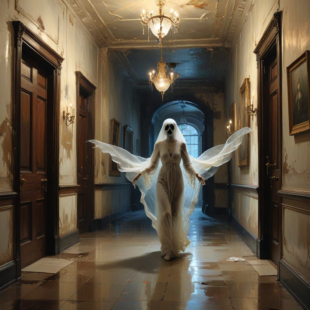 A grotesque floaty semi transparent spooky creepy ugly ghost flies ...