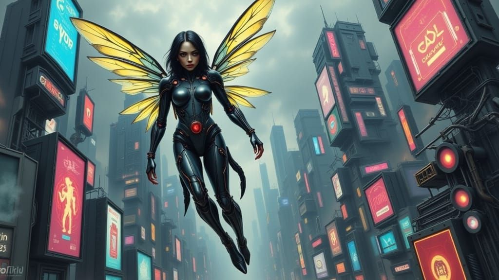 Android Fairy in a Futuristic Dystopian Cityscape - AI Art