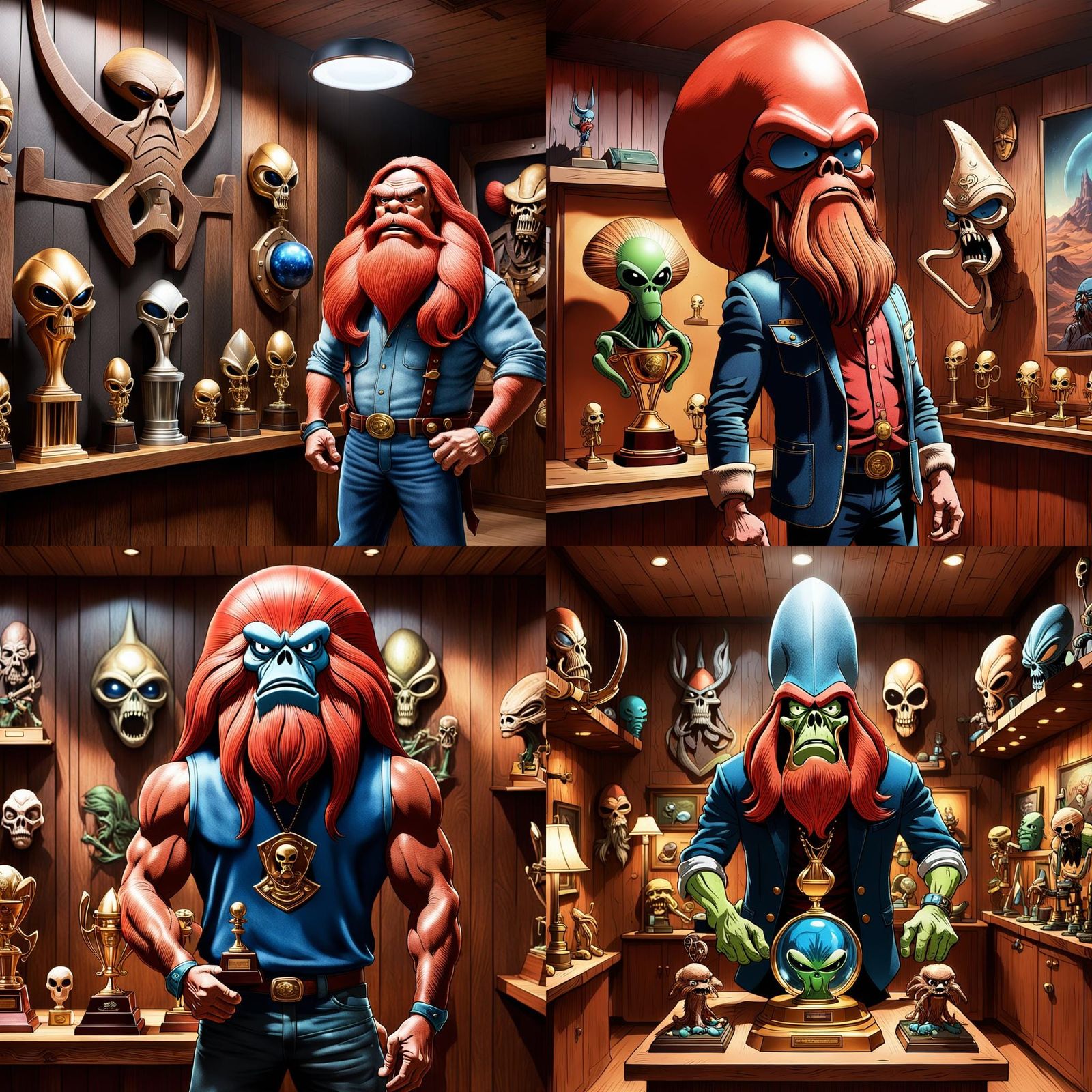 Yosemite Sam in his trophy room with an Alien trophy head on the wall ...