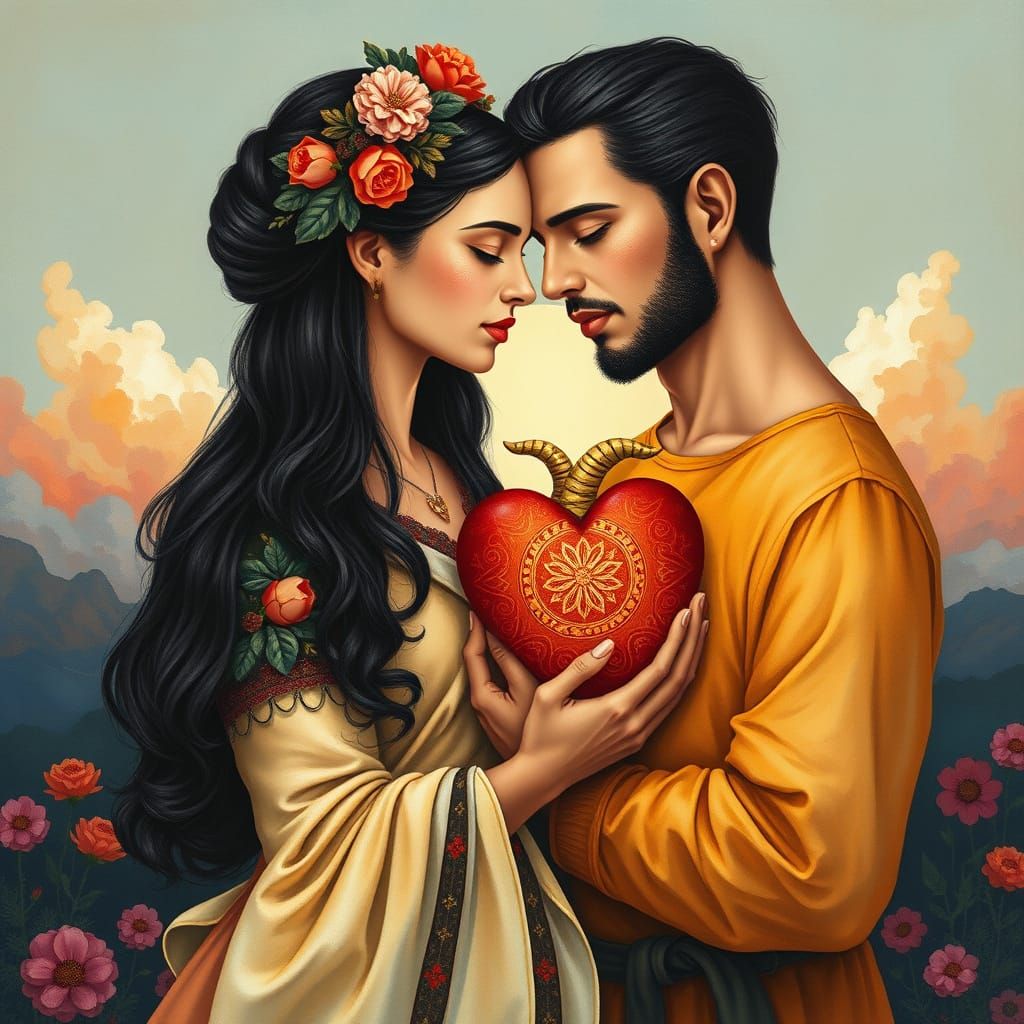 Durer-style illustration print. What is love. Mexican man and woman in ...