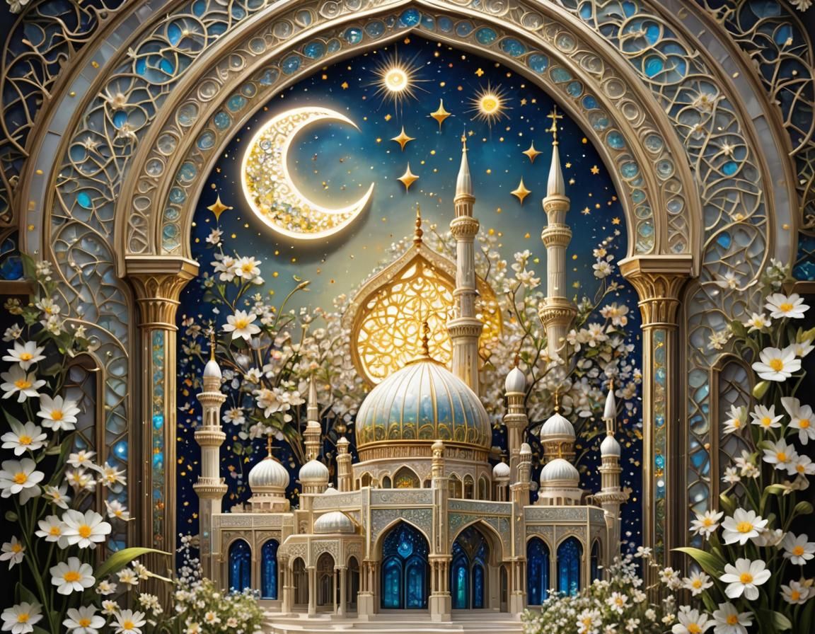 An ideal beautiful luminous holy Eid-ul-Fitr scene consisting of glassy ...