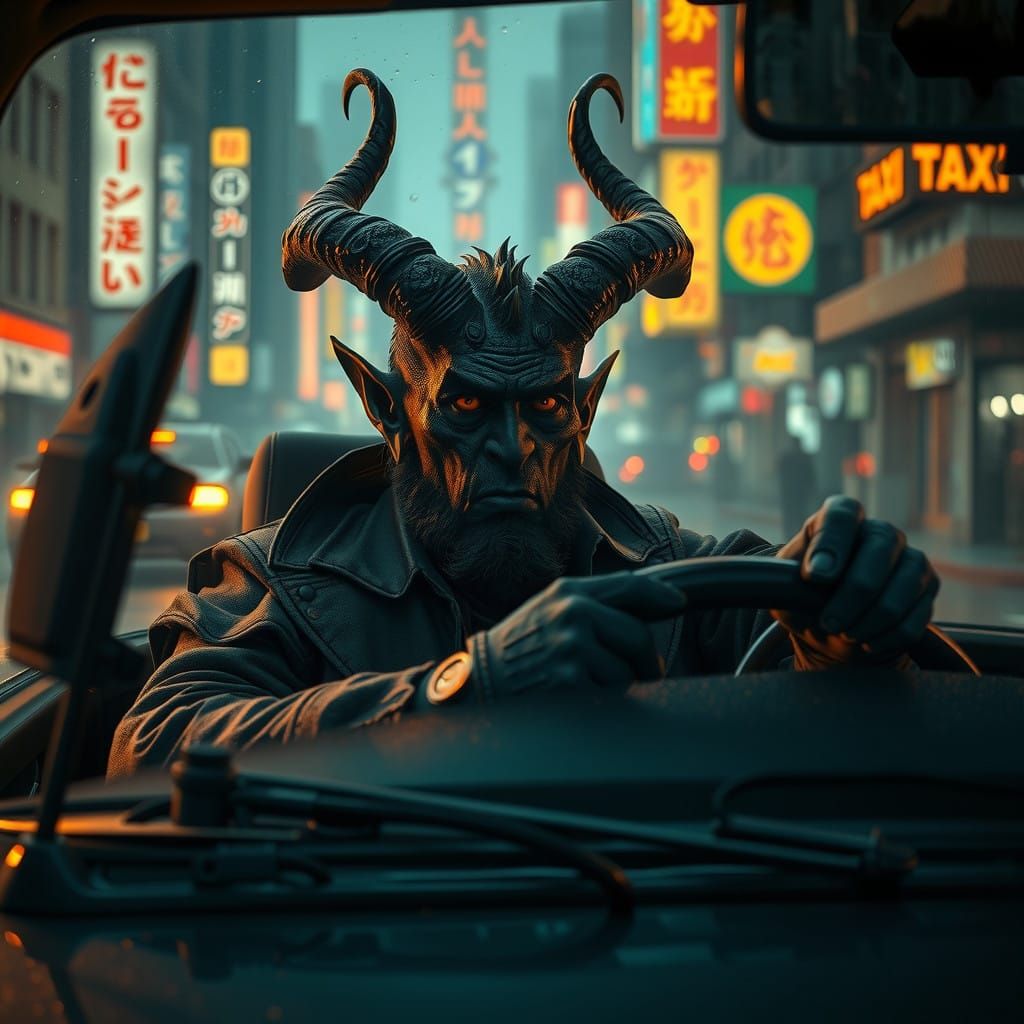 the Devils fare - Midnight Cab Driver in Neon-Lit, Rain-Soa...